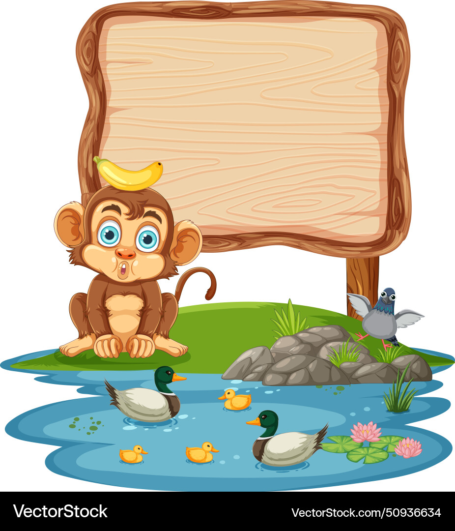 Cute monkey with ducks and signboard by water Vector Image
