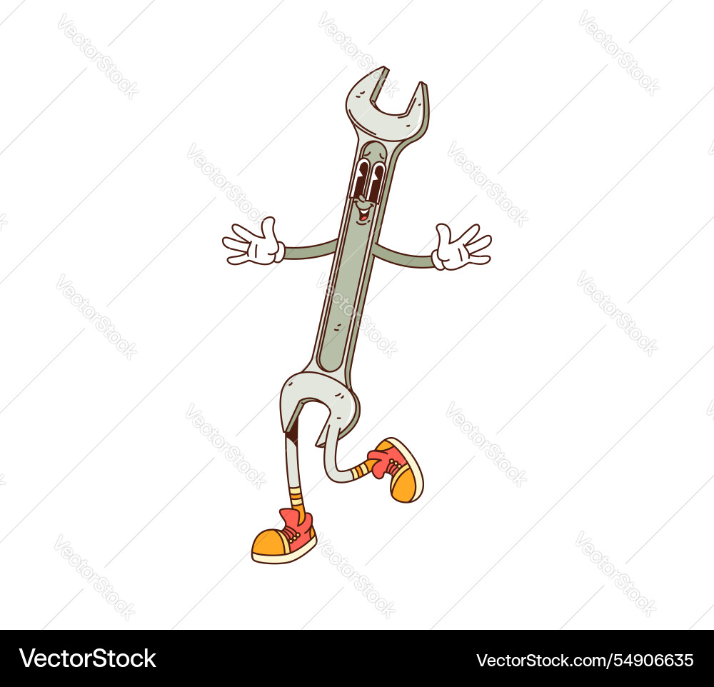 Groovy cartoon wrench work tool or diy character Vector Image