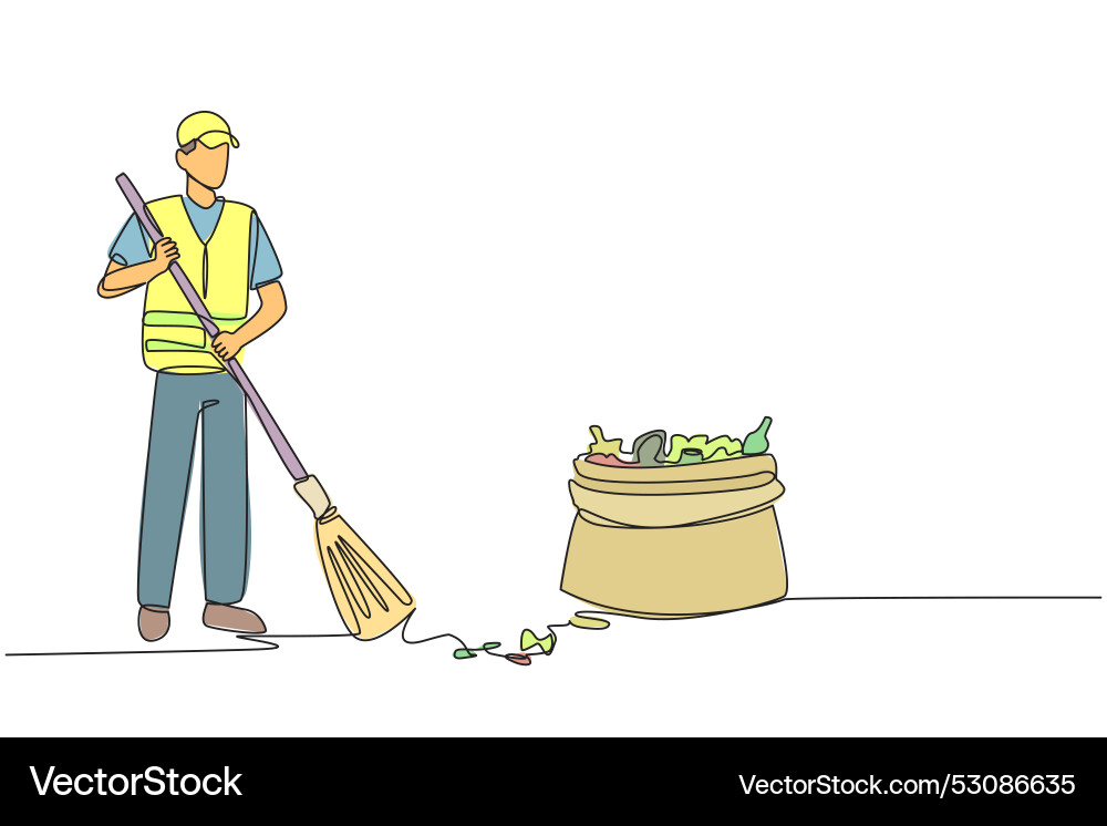 Single one line drawing trash man cleaning Vector Image