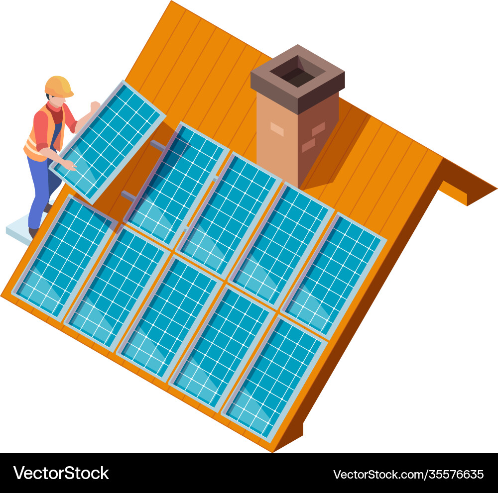 Solar panels installation worker making modern Vector Image