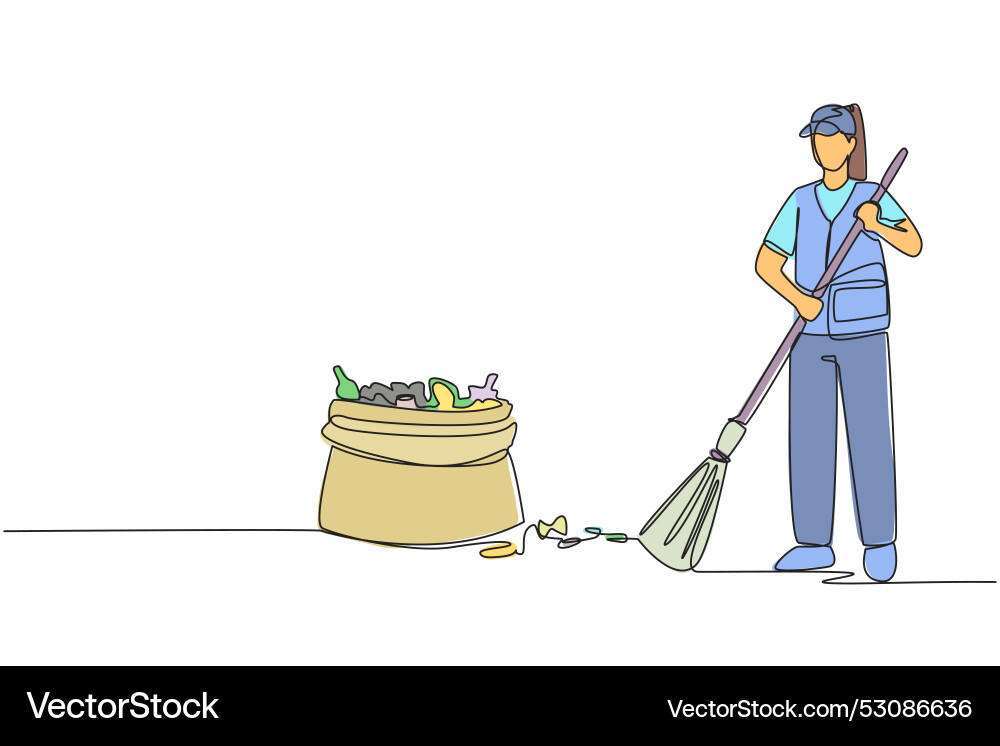 Continuous one line drawing trash woman cleaning Vector Image