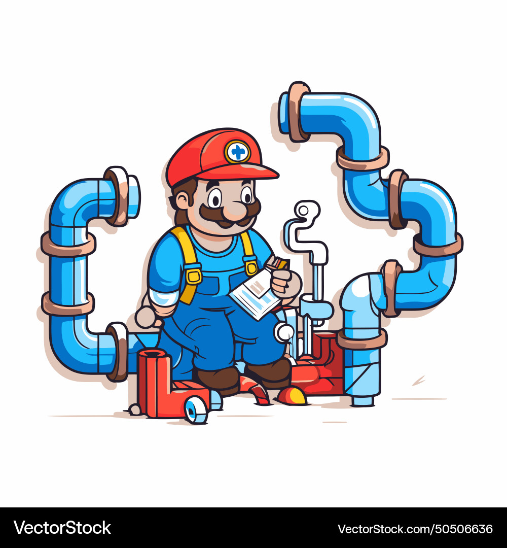 Plumber with tools and pipe cartoon character Vector Image