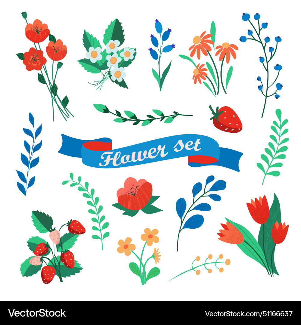 Set of flat spring and summer flowers in Vector Image