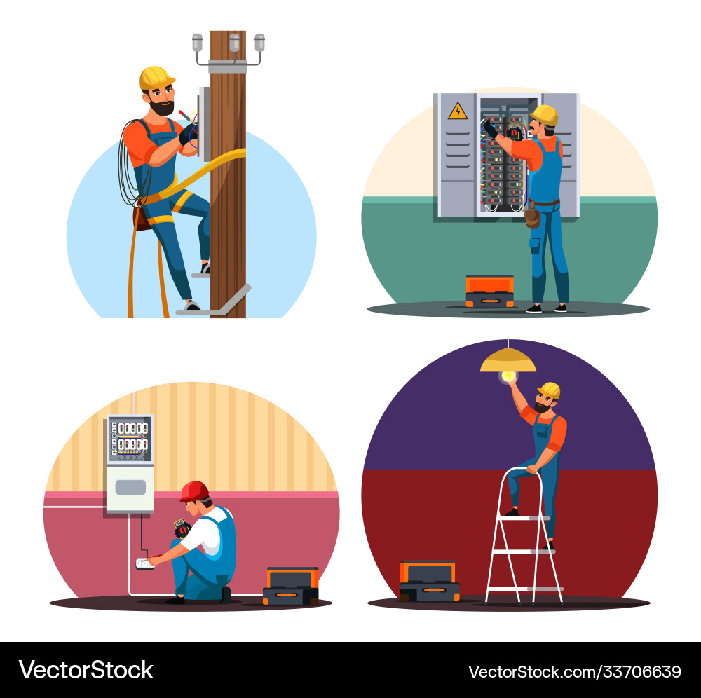 Electrician performing electrical work scene set Vector Image