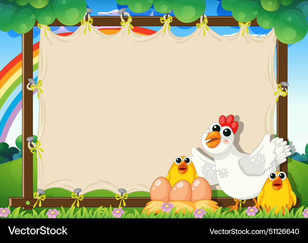 Cartoon chicken and chicks with a rainbow backdrop