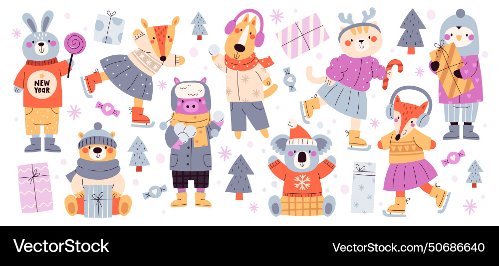 Cute animals characters wearing warm winter Vector Image