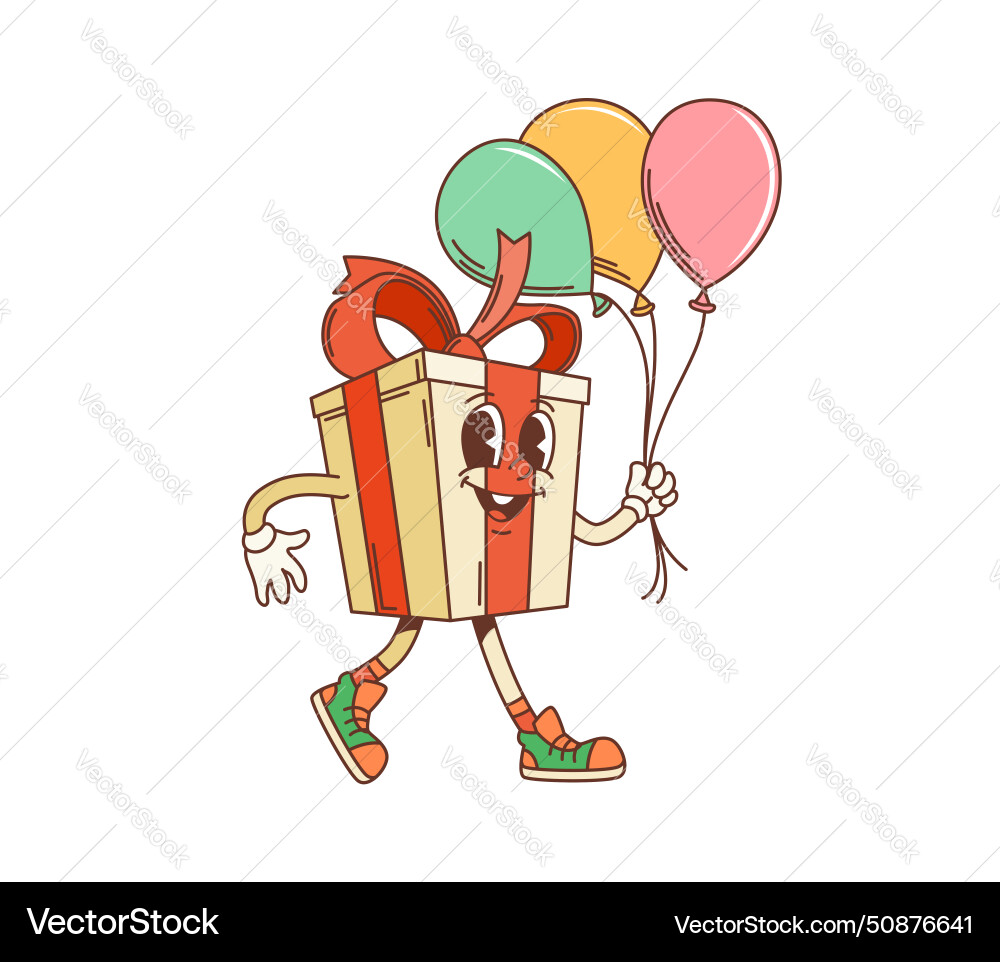 Retro cartoon gift box character with balloons Vector Image