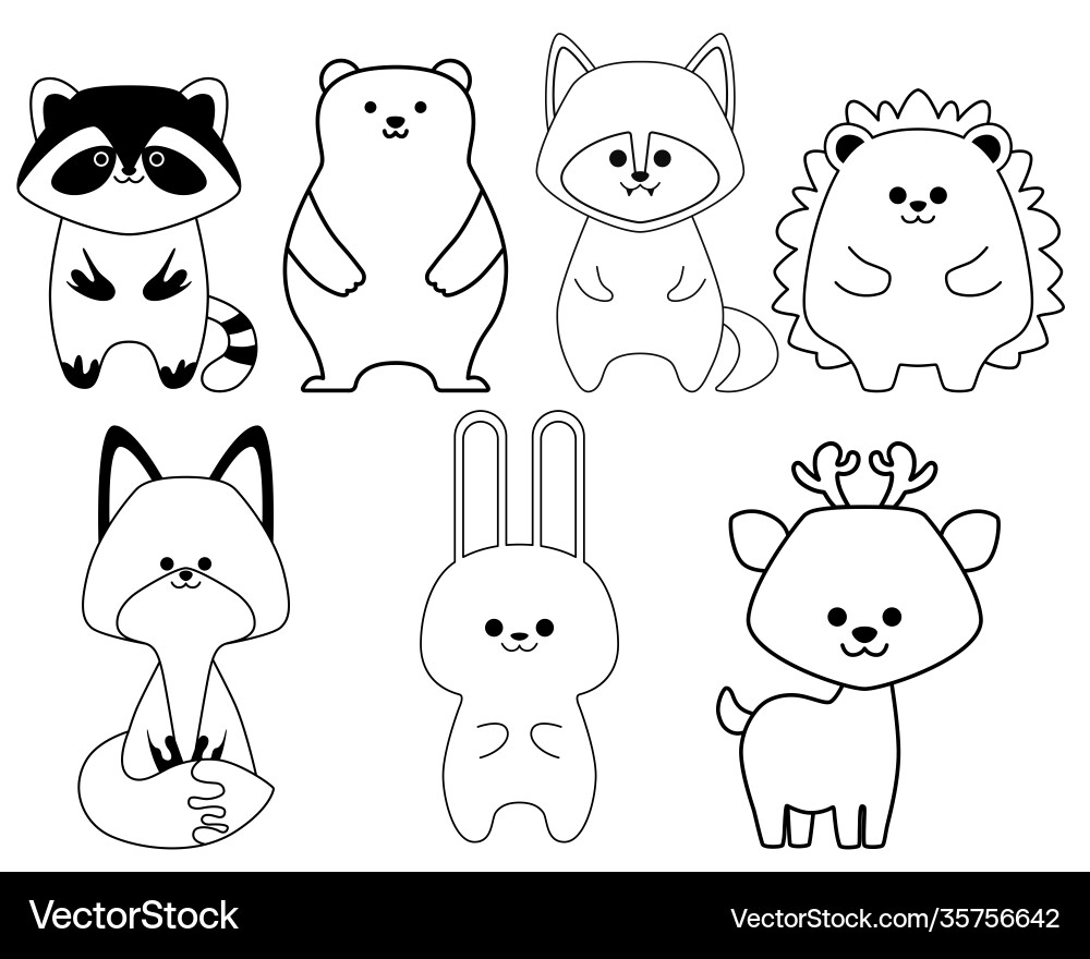 Black line art set forest animals flat design Vector Image