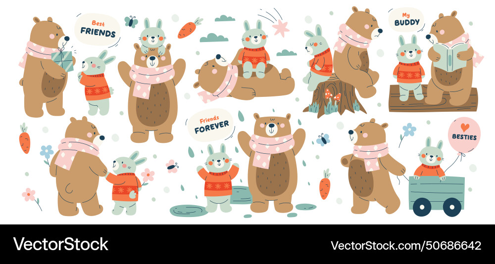Cute animals relationship funny bear and hare Vector Image