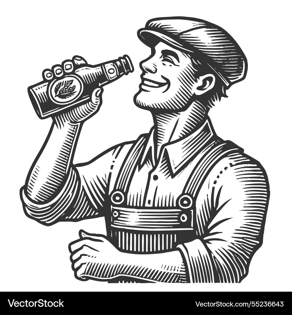 Worker drinking beer engraving Royalty Free Vector Image