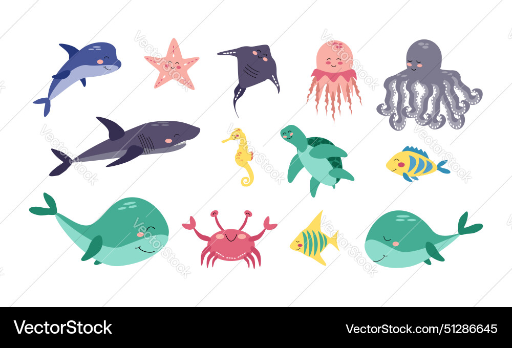 Set of sea cartoon animals Royalty Free Vector Image