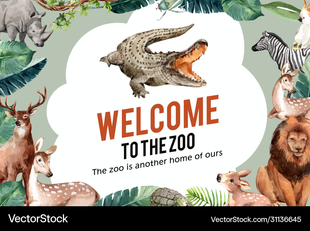 Zoo frame design with zebra lion bird crocodile Vector Image