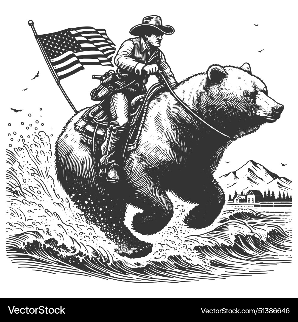 Cowboy riding bear with american flag Royalty Free Vector