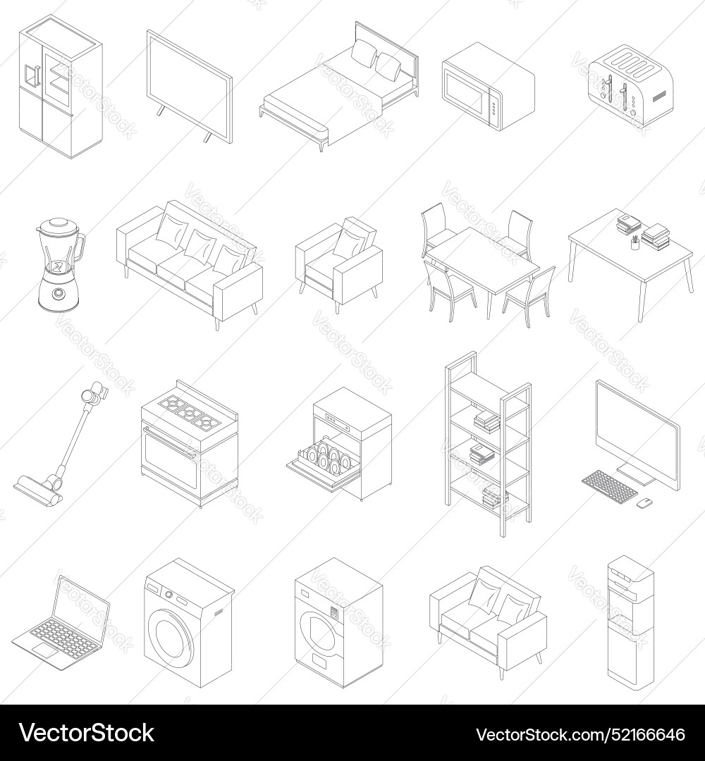 Isometric everyday household items outline Vector Image