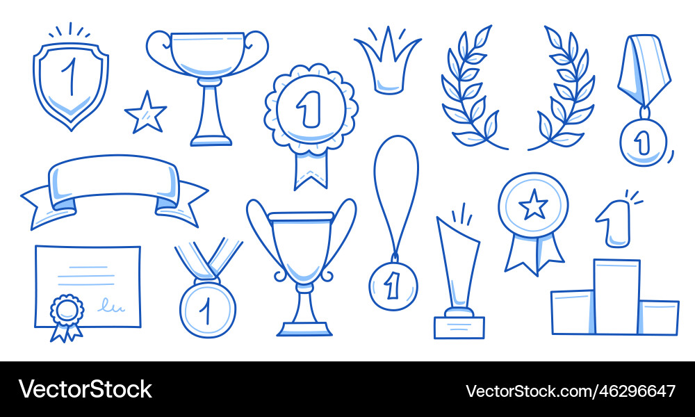 Award doodle hand drawn trophy set winner Vector Image