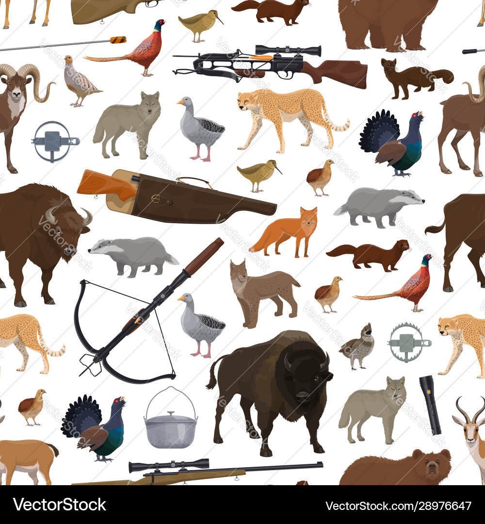 Hunting Wildlife Pattern - Birds & Animals Vector Image