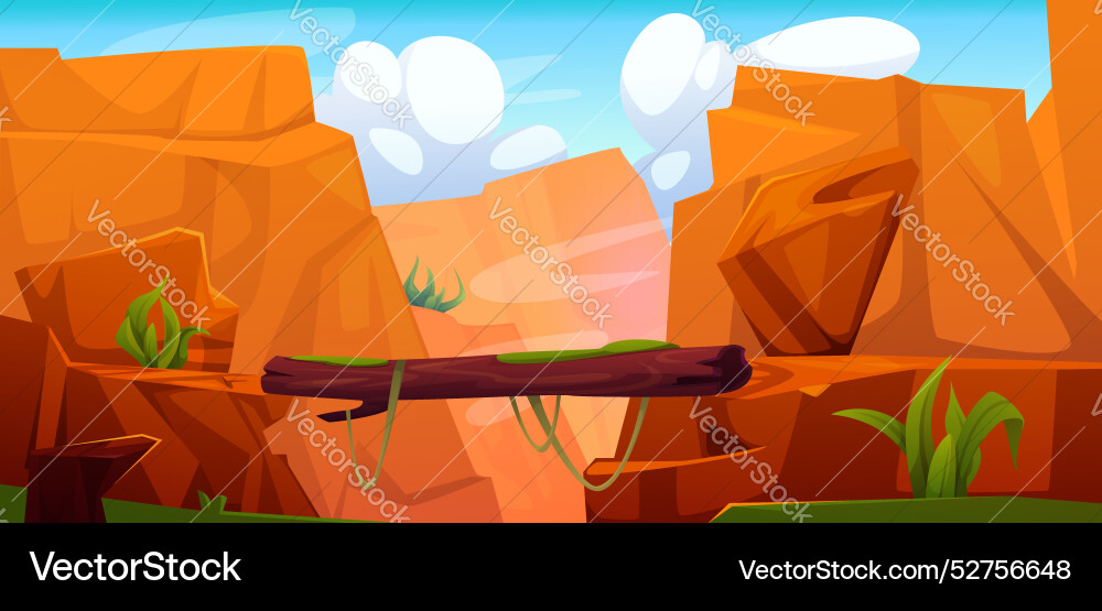 Wood log bridge on mountain cliff edges over chasm