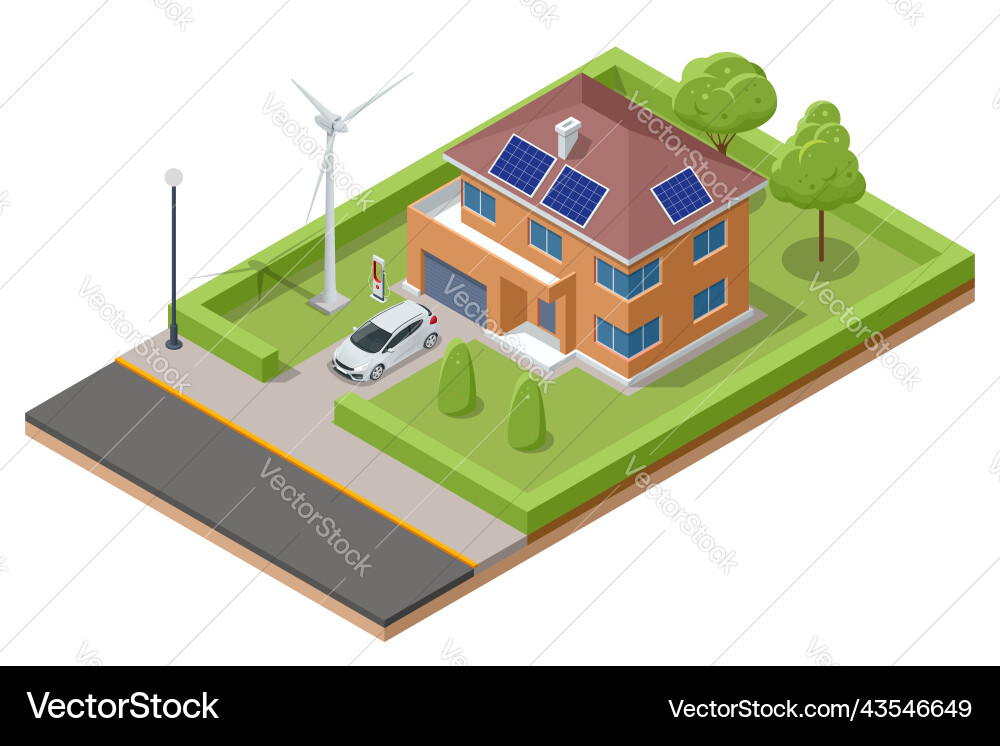 Isometric modern house with solar panels and wind Vector Image