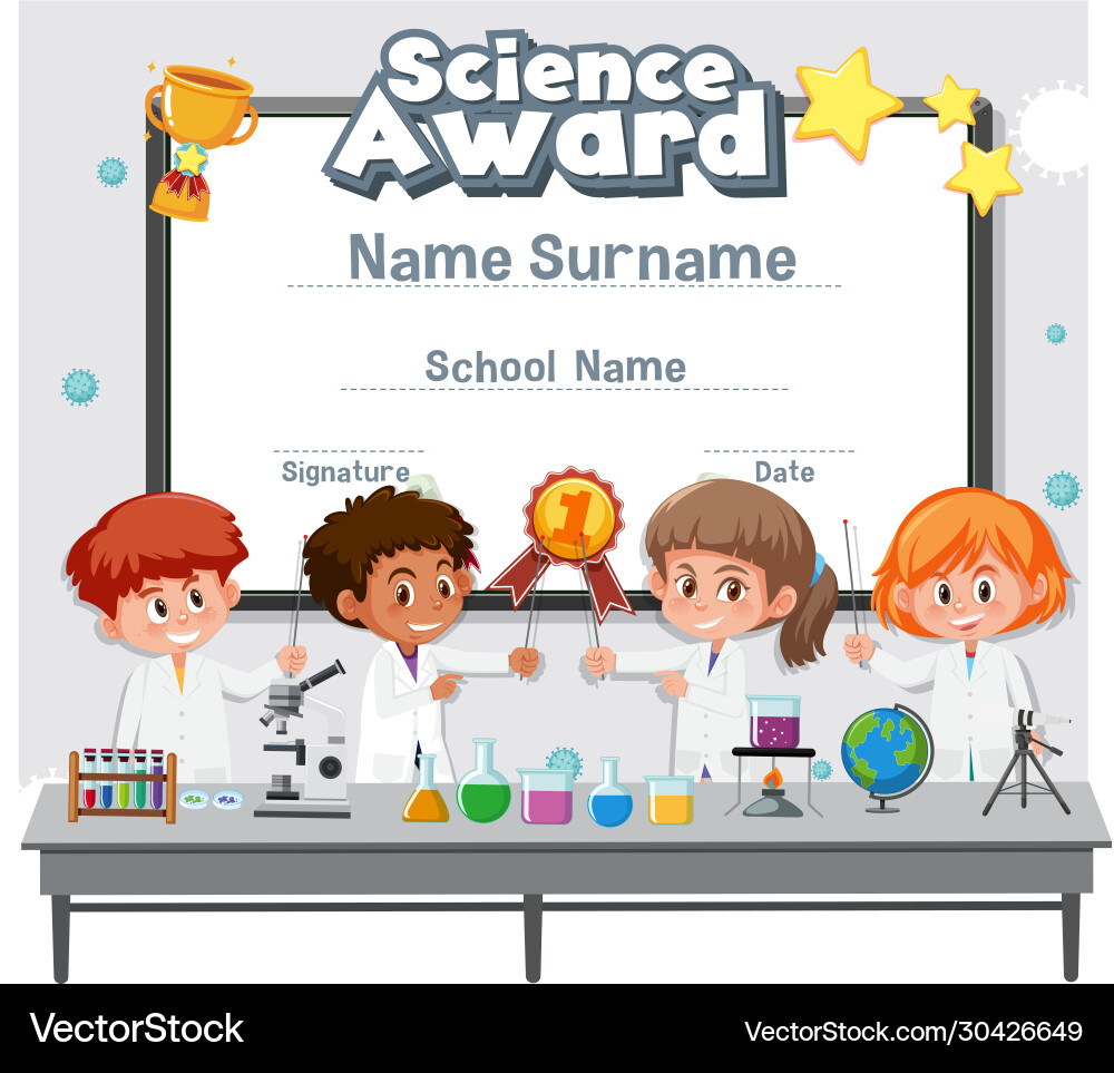 Science Award Certificate with Kids Lab Royalty Free Vector