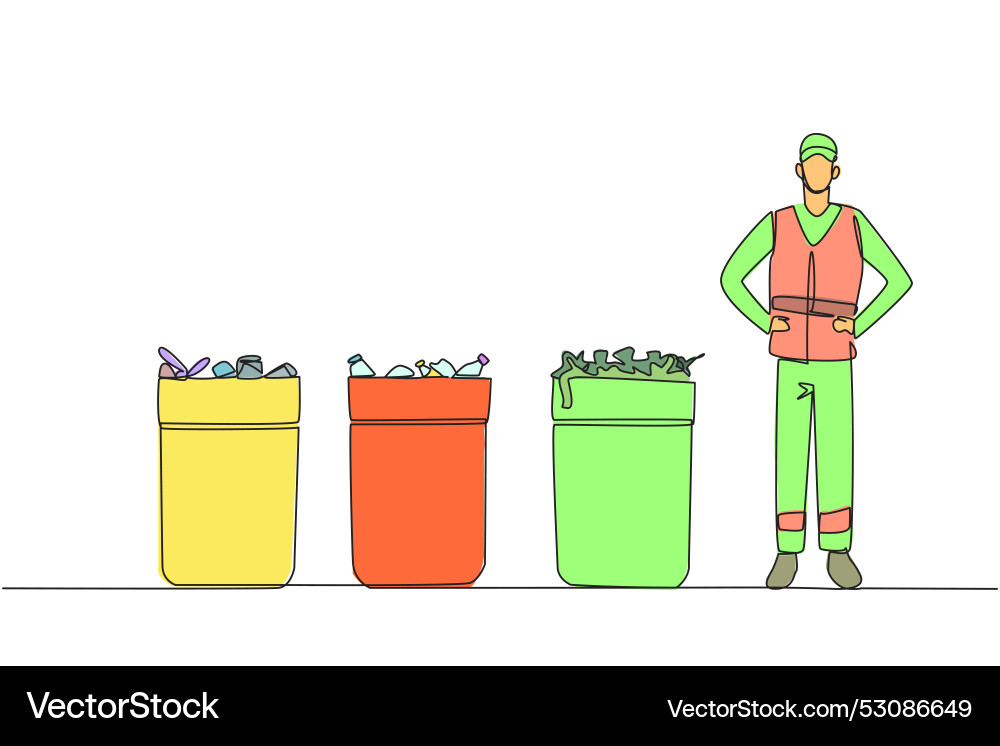 Single one line drawing trash man standing near Vector Image