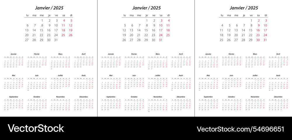 Calendar 2025 2026 2027 Royalty Free Vector Image