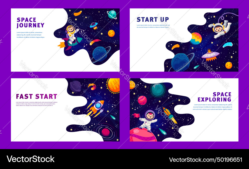 Cartoon space posters with kid astronaut on rocket