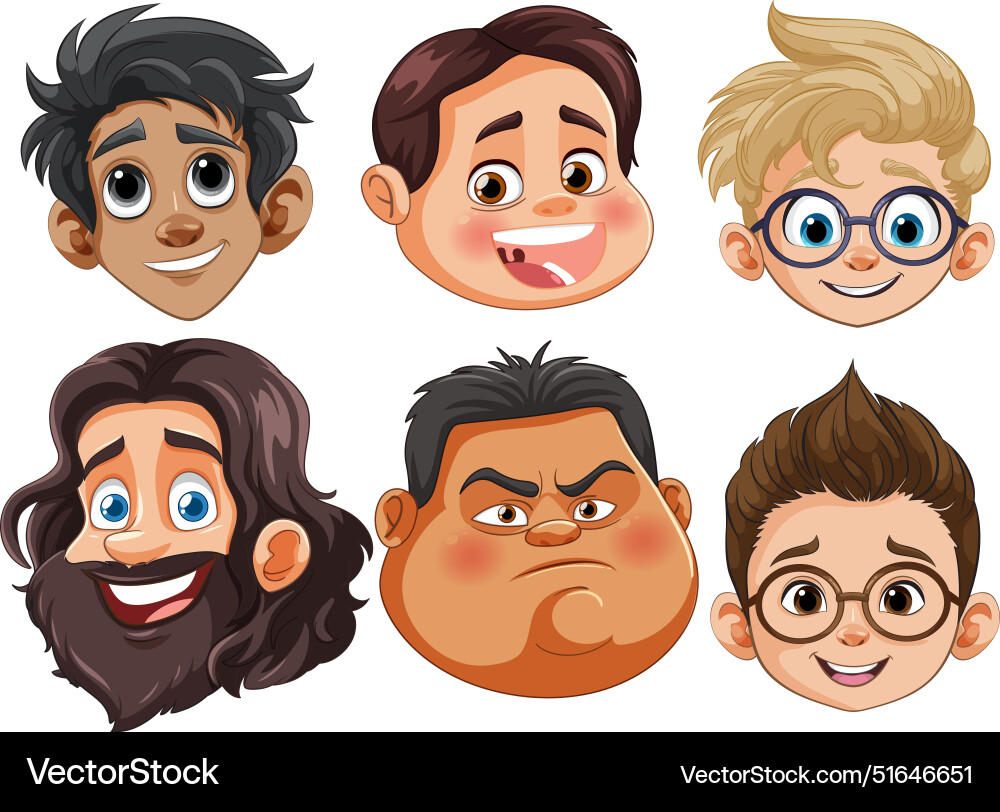 Six unique cartoon character faces with various Vector Image
