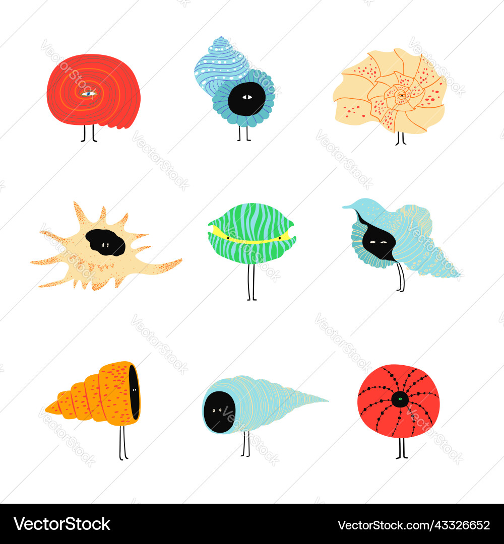 Funny surreal sea shells with faces Royalty Free Vector