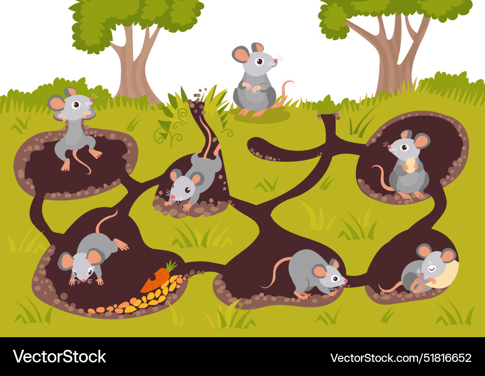 Mice in burrows cartoon animals hole connected Vector Image