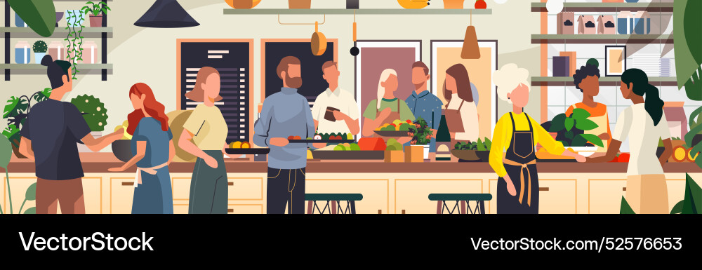 Community gathering in kitchen cooking together Vector Image