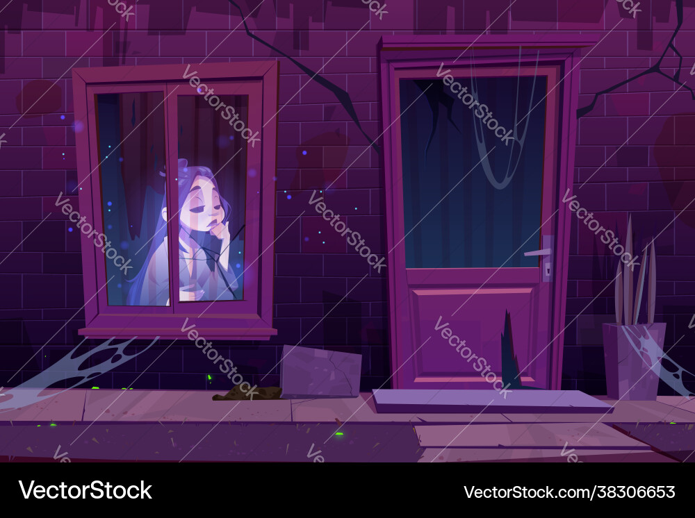 Haunted Haus mit traurigem Geist sitzen hinter Fenster