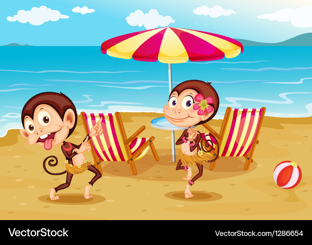 A beach with two monkeys Royalty Free Vector Image
