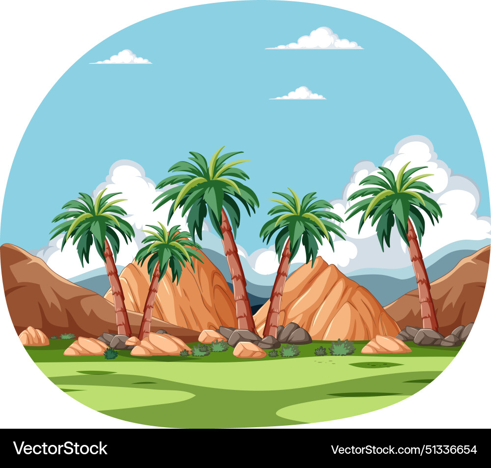Palm trees in a rocky desert setting Royalty Free Vector