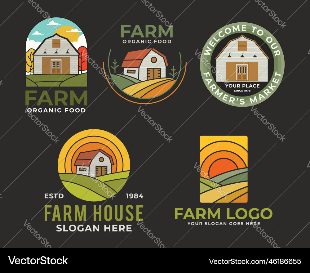 Farm logos templates set with barn Royalty Free Vector Image