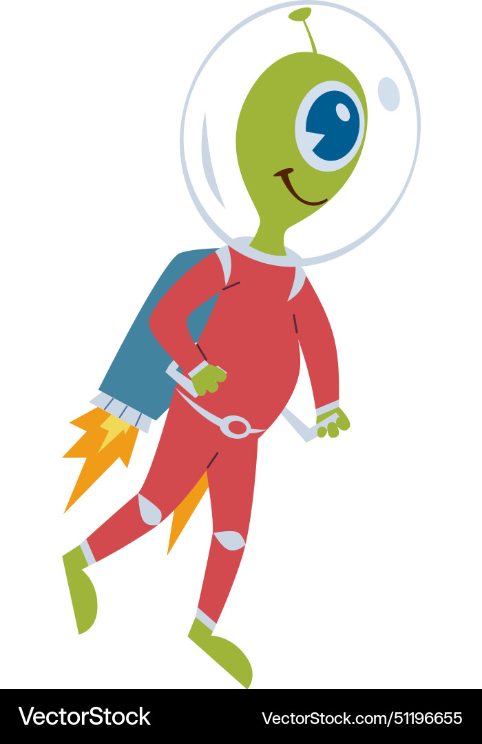 Green alien flying on jetpack funny cartoon Vector Image