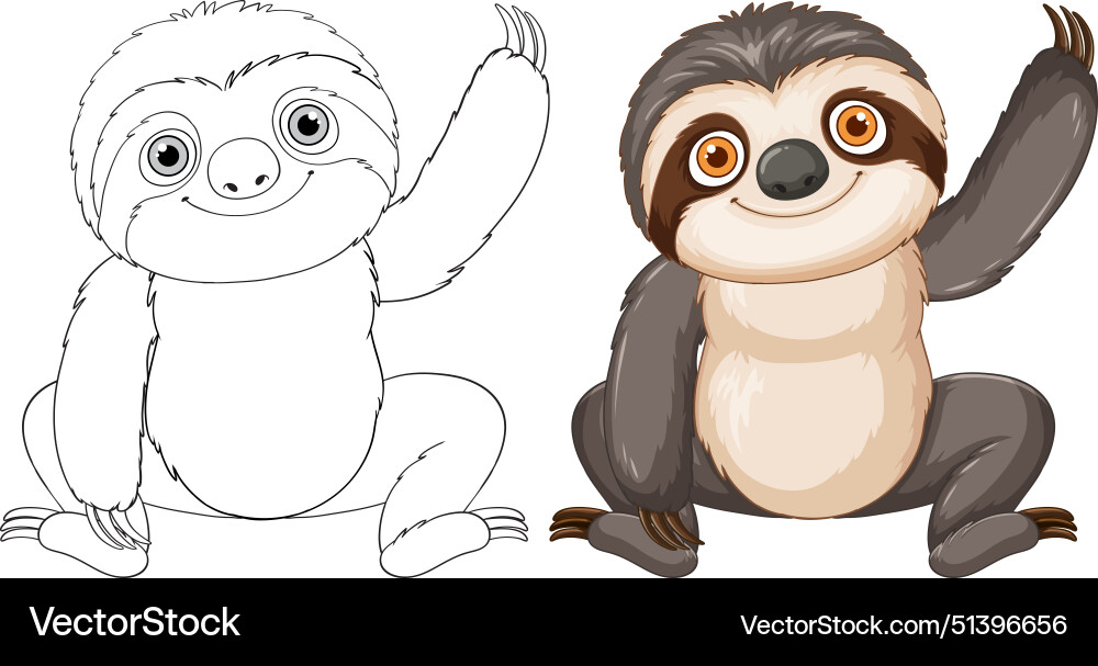 Adorable sloth waving colored and outlined Vector Image