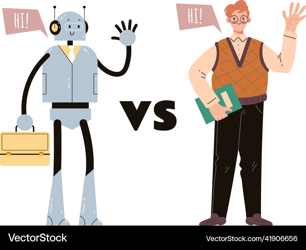 Human man worker vs robot ai flat cartoon Vector Image