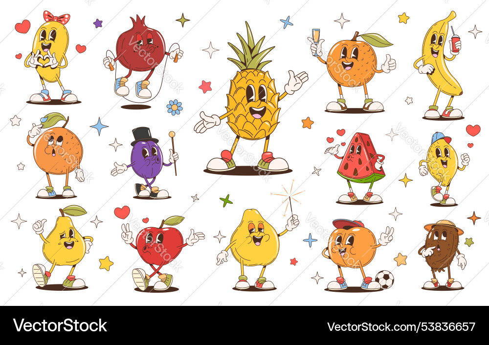 Retro cartoon groovy fruit characters food emojis Vector Image