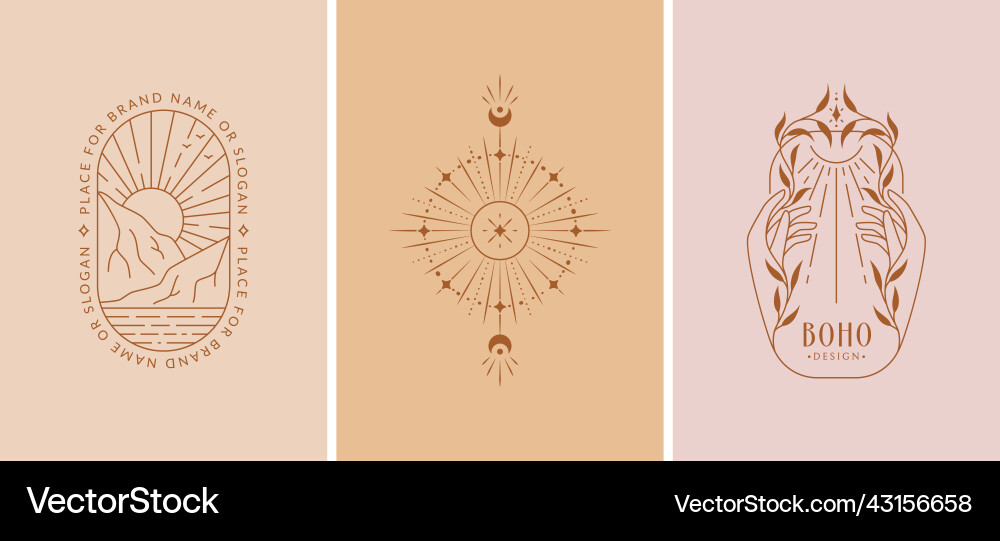Boho logos trendy emblems with sun set Royalty Free Vector