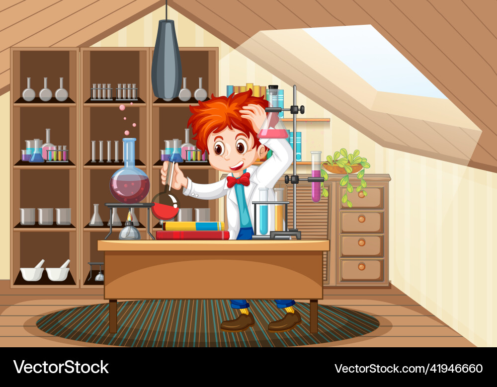 Laboratory scene with scientist cartoon character Vector Image