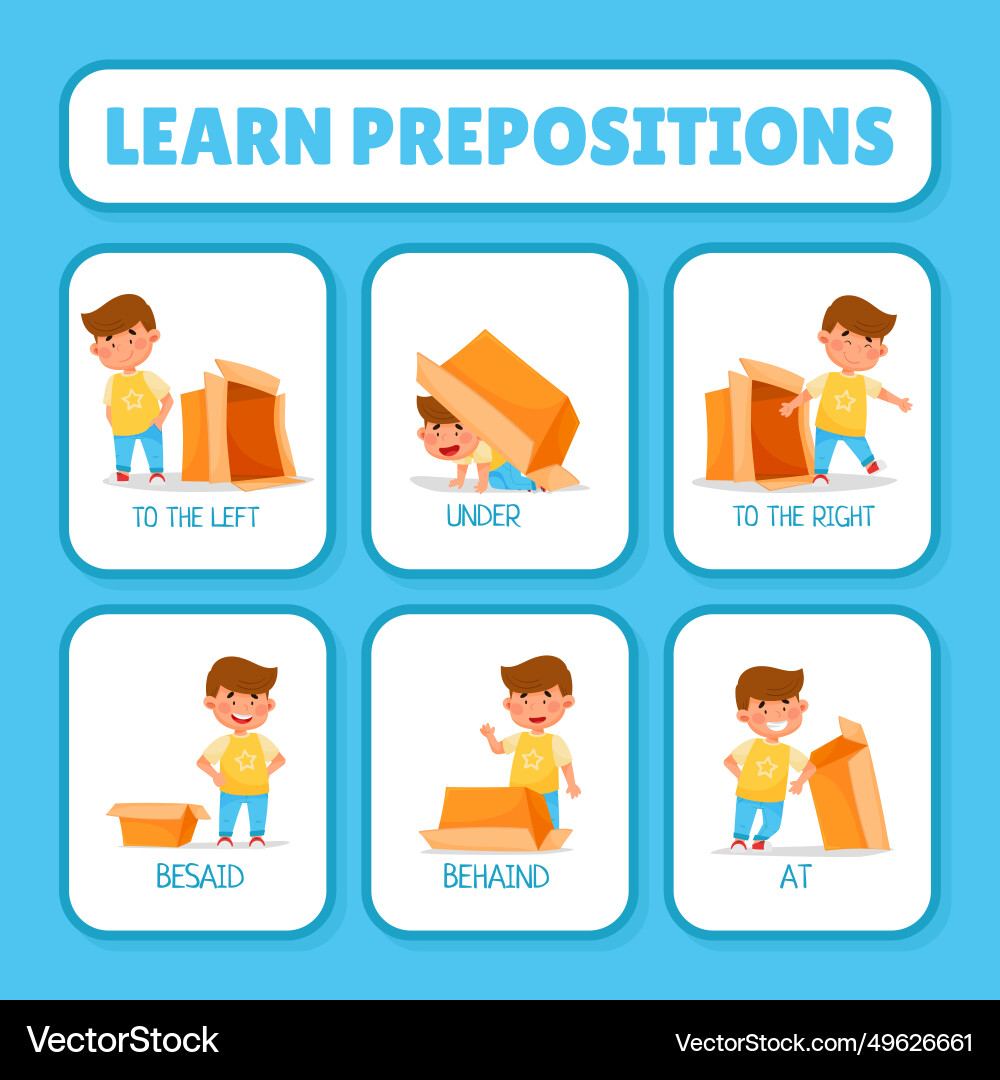 Little boy with carton box learning prepositions Vector Image
