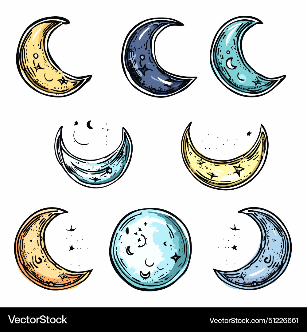 Set colorful crescent moons full moon faces cute Vector Image