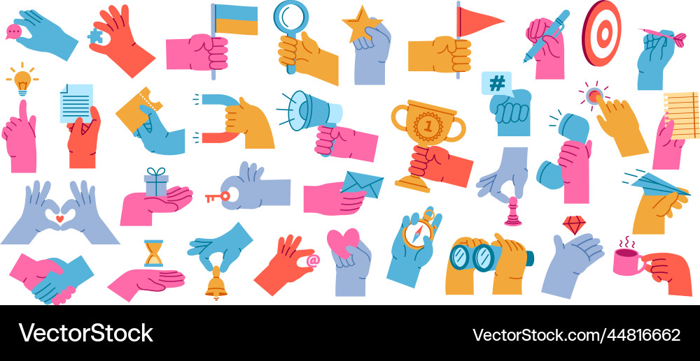 Cartoon hands holding objects colorful arms Vector Image