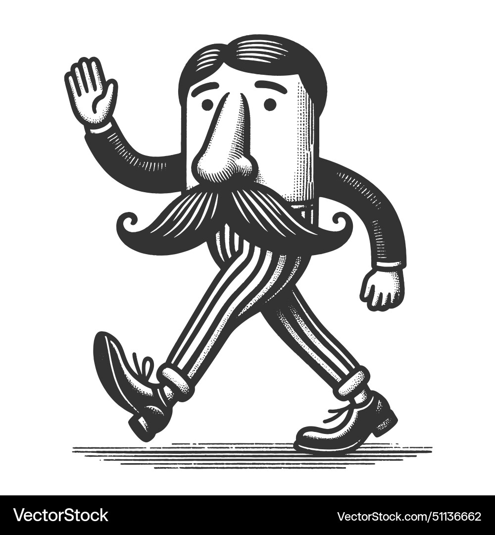 Mustached character in stripes waving hello Vector Image