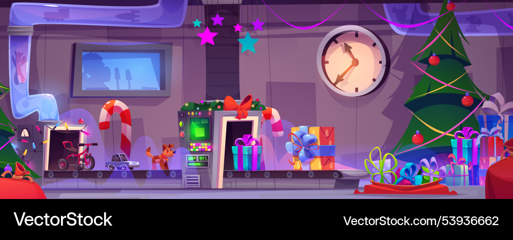 Santa claus factory workshop with gift conveyor Vector Image