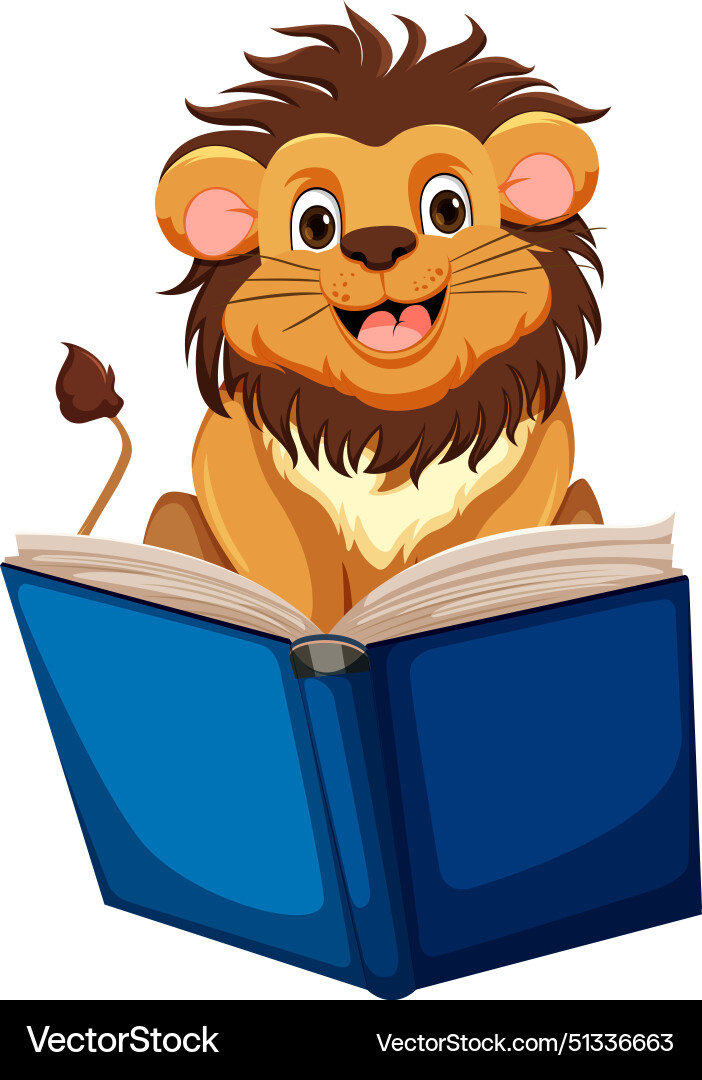 Cartoon lion reading a blue book happily Vector Image