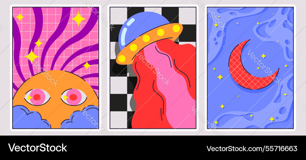 Groovy space poster set Royalty Free Vector Image