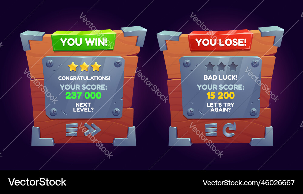 Win and lose ui game wooden screen design Vector Image