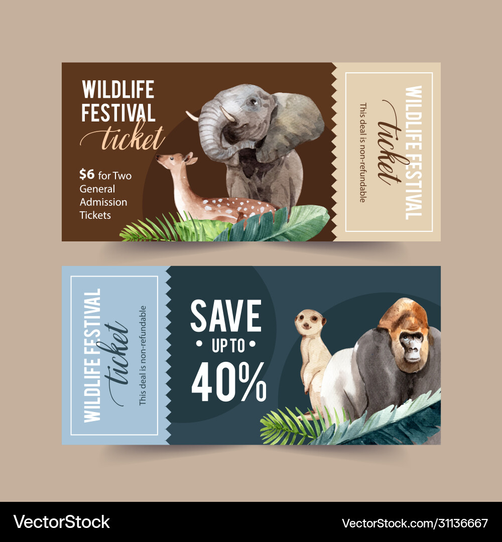Zoo ticket design with elephant deer monkey Vector Image