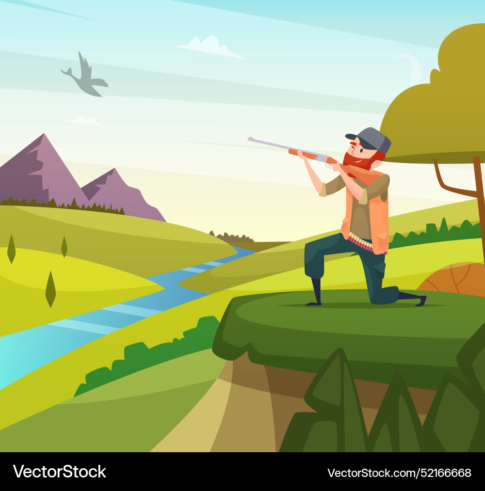 Hunter with Rifle in Field Royalty Free Vector Image